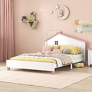 MERITLINE Full Bed Frame with House-Shaped Headboard, Wooden Full Size Platform Bed Frame with Shelf, Cute Full Bed for Kids Teens Girls Boys, No Box Spring Needed, White+Pink