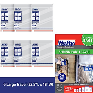 Hefty Shrink-Pak Large Travel Bags - Airtight Storage Bags for Maximum Space Saving, Travel Essentials, Ideal for Travel and Packing, Durable, Reliable Compression Bags with Sealed Protection