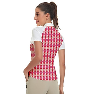 Women's Plaid Golf Polo Shirts Short Sleeve Moisture Wicking Golf Apparel Lady Argyle Golf Tops (Pink Argyle, Large)