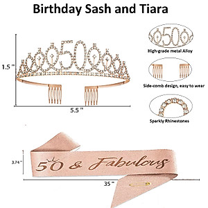 50th Birthday Decorations for Her, Rose Gold 50 and Fabulous Bday Decor for Woman, Happy Birthday Banner, Curtains, tablecloth, Cake Topper, Sash and Crown, Balloons Fifty Year Old Party