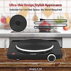 Vayepro Hot Plate, 1500W Portable Electric Stove, Single Electirc Cooktop,Portable Burner for Cooking, Cooktop for Dorm Office Home Camp, UL Listed,Compatible with All Cookware