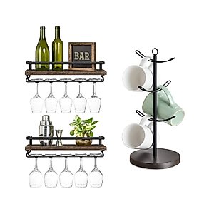Mkono Set of 2 Wall Wine Rack Rustic Wine Bottle Floating Shelves with Stemware Hanger and Mug Tree Coffee Cup Holder for Countertop with 6 Hooks