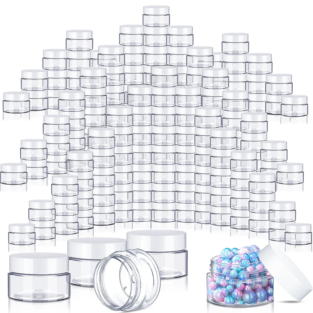 Lanties 200 Pcs 1 oz Empty Bulk Plastic Container Jars with White Lid Leak Proof Round Clear Plastic Jars Small Cosmetic Travel Containers for Storage Makeup Beauty Products Creams Lotion Ointments