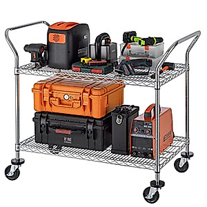 Finnhomy 2-Tier Commercial Grade Rolling Cart, Heavy Duty Utility Cart, Carts with Wheels and Double Side Handles, Kitchen Cart Trolley on Wheels, Metal Serving Cart with 600 lbs Capacity, NSF Listed