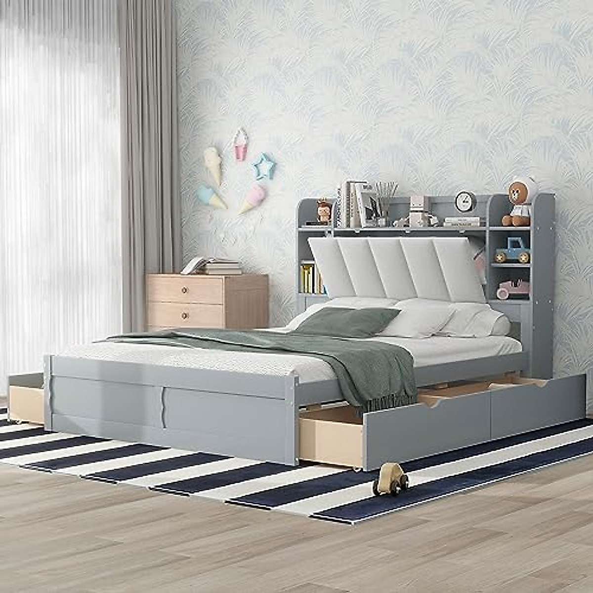 Rhomtree Queen Size Platform Bed, Storage Bed with Storage Headboard, Shelves and 4 Drawer, Wood Bed Frame, Platform Bed, No Box Spring Needed, Easy Assembly(Gray, Queen)