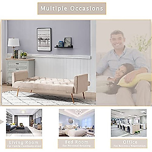 KINFFICT Velvet Futon Sofa Bed with 2 Pillows, Convertible Sleeper Sofa Couch with 3 Angle Adjustable Backrest, Modern Loveseat with 4 Golden Metal Legs for Living Room and Bedroom (Beige)