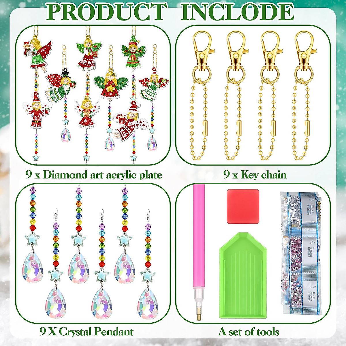 Huwena 9 Pcs Christmas Diamond Art Suncatcher Double Sided Diamond Art Suncatcher Diamond Art Kit Diamond Ornament Diamond Wind Chime for Adults Kid DIY(Angel)