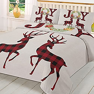 3 Pieces Bedding Set Twin Size, Christmas Elk Soft Durable Duvet Cover Set Comforter Cover Set with Zipper Closure All-Season Breathable Bedding Set Red Black Plaid Joy Wreath Xmas Deer Burlap