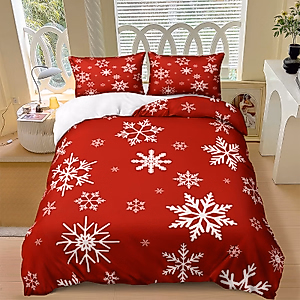 Snowflake Bedding Christmas Duvet Cover Set White Snowflake Red Christmas Printed Xmas Festival Bedding Set King 1 Duvet Cover 2 Pillowcases (King, Snowflake)