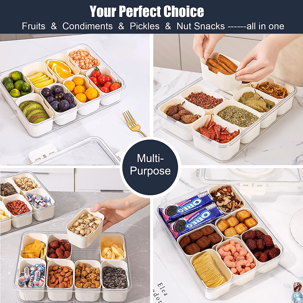 GEGEBOOM Divided Serving Tray with Lid and Handle,Portable Snackle Box Charcuterie Container,Snack tray Storage Organizer with lid,Snack Platters for Fruit, Nuts, Candy, Party, Picnic,Travel(2 Pack)