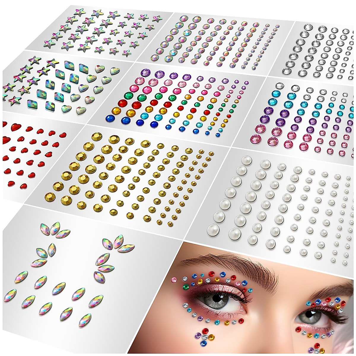 Halloween 10 Sheets Eye Body Face Gems Rhinestone Stickers Self Adhesive Rhinestones Rainbow Face Gems for Women Festival Accessory and Nail Art Decorations Bling