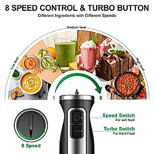 6 in 1 Immersion Handheld Blender, 304 Stainless Steel Hand Blender Electric with Food Grade Silicone Removable Cover, Hand Blender, Immersion Blender Cup, Chopper, Whisk and Milk Frother for Baby Food, Milkshake, Cream