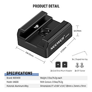 NEEWER 2 Pack Cold Shoe Mount Adapter with 1/4" Screws for Flash LED Light Monitor Microphone, Aluminum Shoe Mount with Anti Twist Pins Non Slip Pads Compatible with SmallRig Cage Top Handles, UA031
