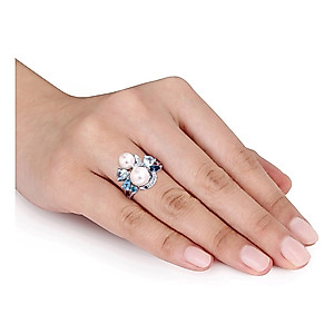 White Freshwater Cultured Pearl with London, Swiss and Sky Blue Topaz and Created White Sapphire Ring In Sterling Silver
