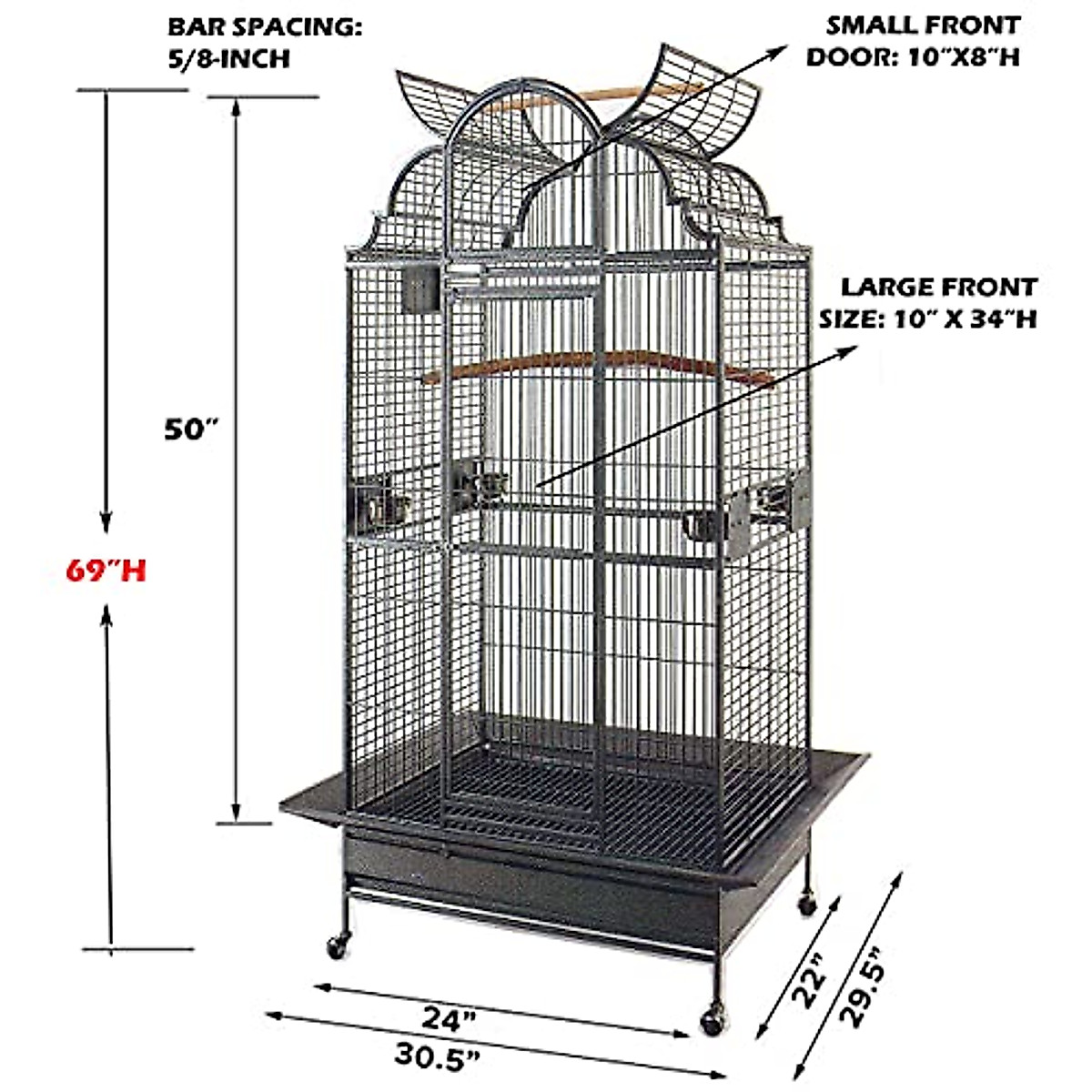 New Large Elegant Wrought Iron Dome Play Top Bird Parrot Cage, Include Metal Seed Guard Solid Metal Feeder Nest Doors (24" W x 22" D x 63" H, Black Vein)