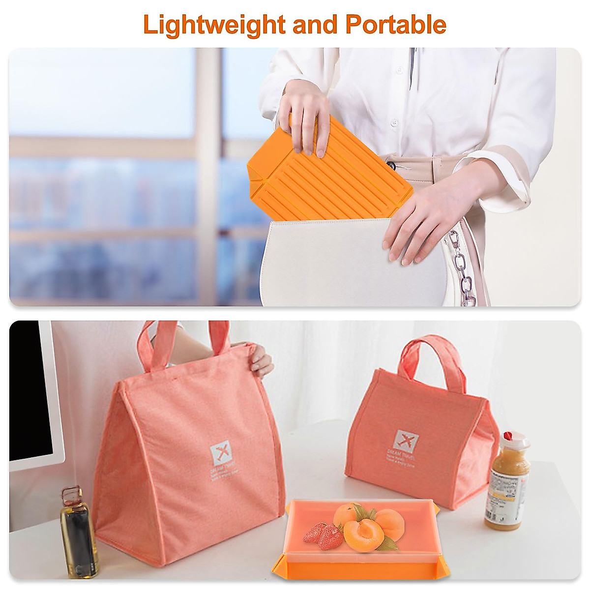 Silicone Collapsible Food Storage Containers, From 2D to 3D in 1 Sec, Reusable Dinner Plates for Camping, Hiking, Kitchen, Meal Prep, Snack, barbecue, with Lids (Orange)