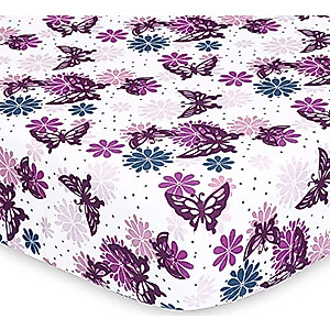 The Peanutshell Crib Sheet Set for Baby Girls - 2 Pack Set - Purple Butterfly & Purple Ditsy Floral