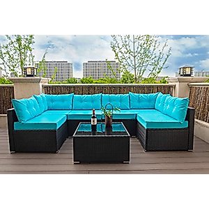 Einfach 7 Pieces Patio Furniture Sets, Rattan Conversation Sofa Chair with Glass Coffee Table, Outdoor & Indoor, Patio Furniture Sets(Blue)