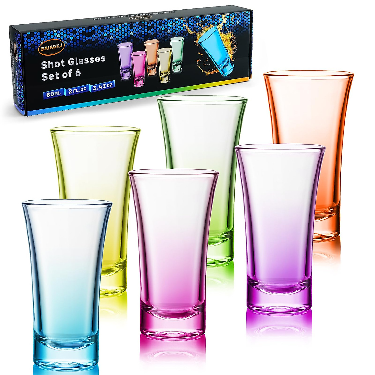SAIAOKJ Shot Glasses Set, 2 Oz Heavy Base Shot Glasses, 6 Pack Tequila Shot Glasses with Gift Box Round Shot Glass for Tequila Whiskey Vodka Liquors Cocktail (Ombre Colorful)