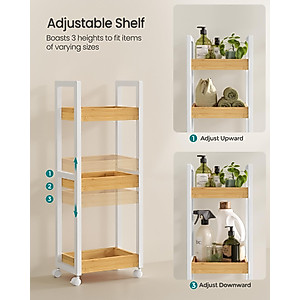 SONGMICS Bamboo Rolling Cart, 3-Tier Utility Cart on Wheels, Slim Narrow Storage Shelf, Bamboo Shelves, Space-Saving, Multifunctional, for Bathroom, Kitchen, White and Natural UBCB083N02