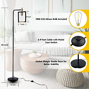 Hamilyeah Industrial Floor Lamp for Living Room, Mid Century Standing Lamp for Bedroom, Farmhouse Black and Gold Tall Lamp for Office, Stand up Lamp with Pedal Foot Switch, Edison E26 Bulb Included