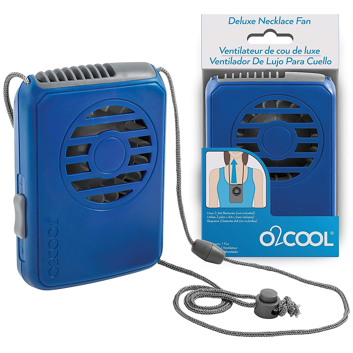 O2COOL Battery Powered Deluxe Necklace Fan For Personal Cooling With Adjustable Lanyard (Blue) 2 Pack