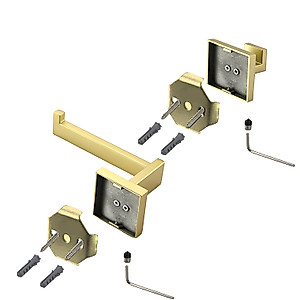 LANC 4 Piece Gold Bathroom Hardware Set, Square Brushed Gold 2 Pack Toilet Paper Holder and 2 Robe Towel Hooks, Stainless Steel Wall Mounted 2 Tissue Roll Holder and Coat Hooks Hanger, A8857BG