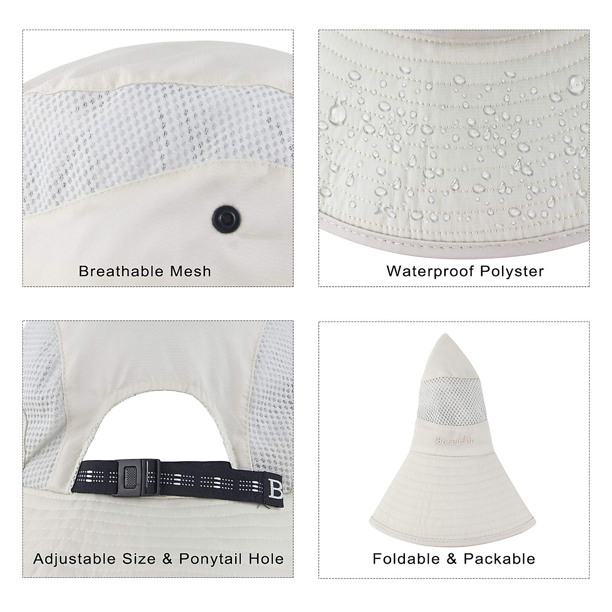 Women's Summer Sun Hat Wide Brim UV UPF50 Protection Hats Foldable Packable Ponytail Bucket Cap for Safari Beach Fishing Gardening Beige