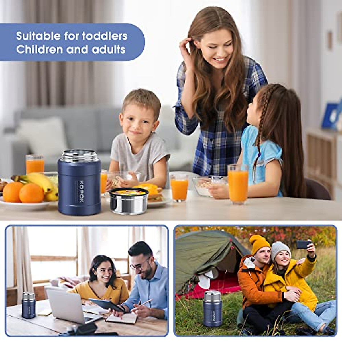 KOPOK Container for hot food, soup vessel, Insulated Lunch Container Hot Food Jar Stainless Steel Vacuum Bento Lunch Box with Spoon for Office Picnic Travel Outdoors (Blue(1 Pack))