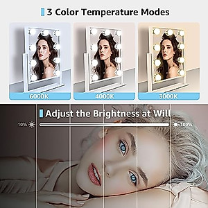Hazifes Hollywood Vanity Mirror with Lights 9 LED,Tabletop Makeup Mirror with Smart Touch Control 3 Colors Dimable LED Bulbs Detachable 10X Magnification 360°Rotation White