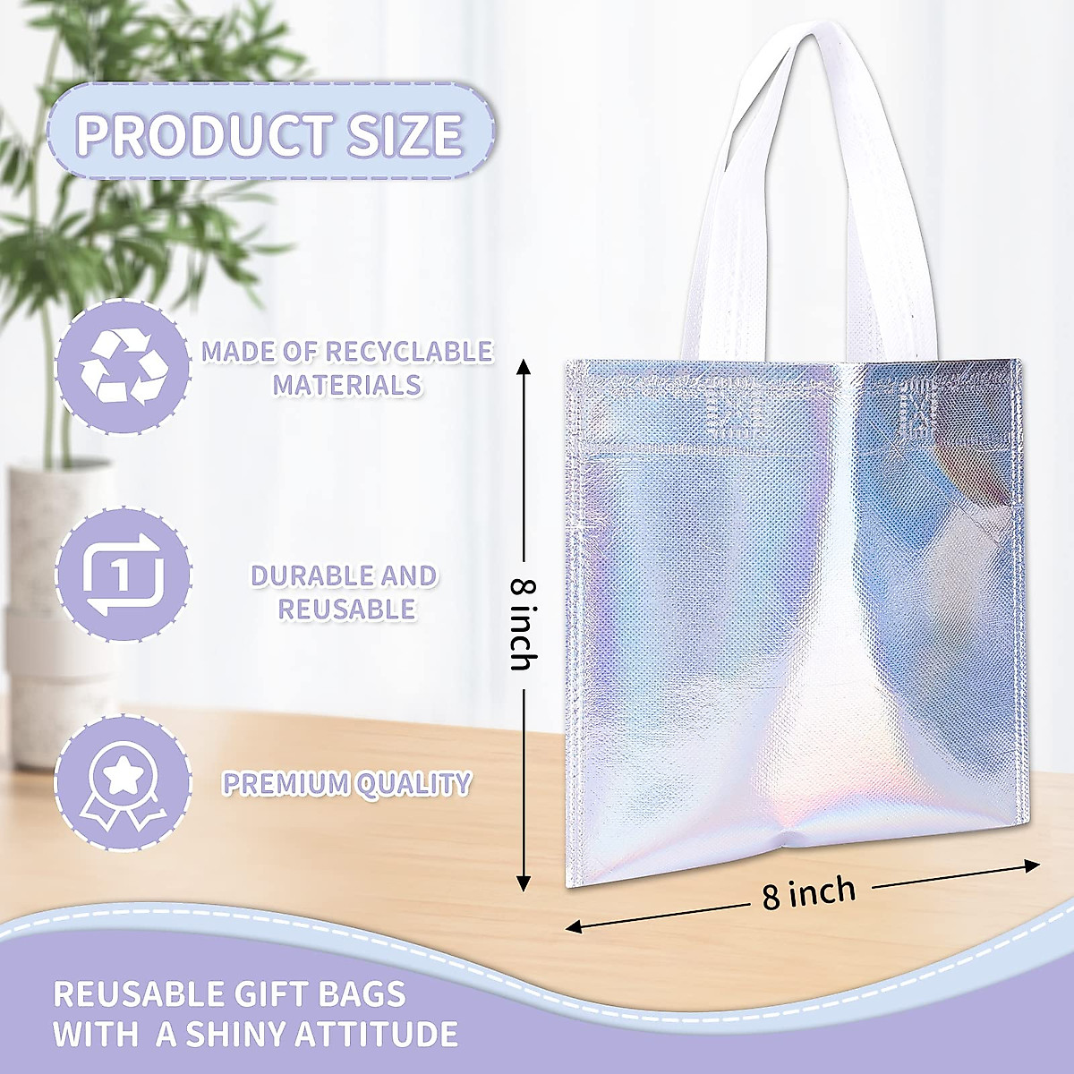 Whaline 24 Pieces 8''x8'' Non-Woven Small Party Bags, Holographic Gift Handled Bags, Reusable Candy Goodie Bags, DIY Craft Bags, Glossy Tote Bags for Birthday, Holiday, Event (Iridescent Color)