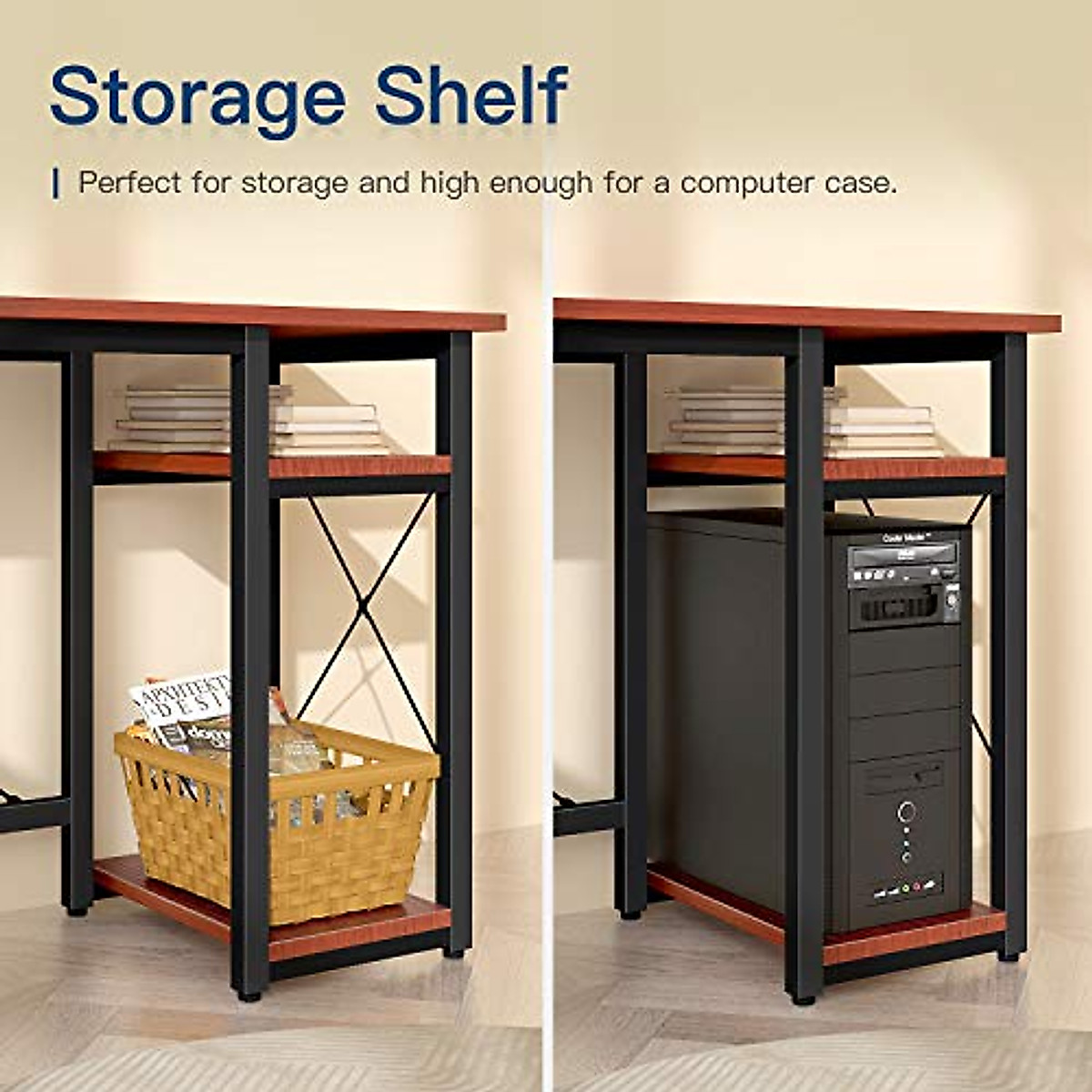 Coleshome L Shaped Computer Desk 66" with Storage Shelves, Corner Gaming Desk, Sturdy Writing Desk Workstation, Modern Wooden Desk Office Desk, Wood & Metal, Teak