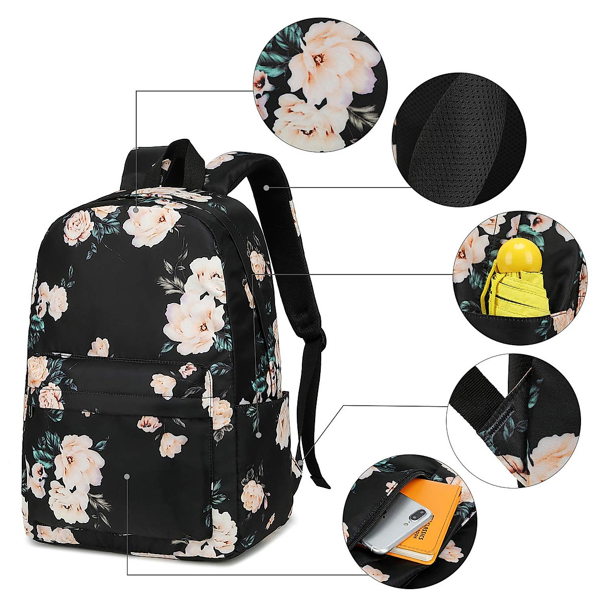 School Backpack for Teen Girls Bookbags Elementary High School Floral Laptop Bags Women Travel Daypacks (Black flower)