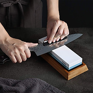 MASSUGAR Whetstone Knife Sharpening Stone Set, 2-Sided Premium Wet Stone Sharpener 1000/6000 Grit Wetstone Kit for Kitchen knives with Non-Slip Bamboo and Silicon Base Angle Guide, Flattening Stone