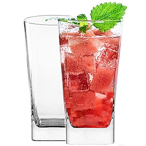 Le'raze Drinking Glasses Set of 4 - Highball Glasses, Heavy Base Durable Glass Cups for Water, Wine, Beer, Cocktails, and Mixed Drinks | Round Top, Square Bottom Glassware Set