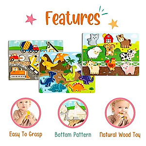 Klevly Large 3 Pk Wooden Toddler Puzzles Ages 2-4 | Wooden Puzzles for Toddlers 1-3 | Montessori Toys for 2 Year Old | Toddler Toys Age 2-4 | Learning Toys for 2+ Year Olds | Educational Toys | STEM
