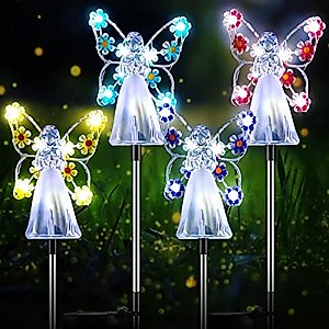 Tujoe 4 Pieces Solar Angel Garden Stake Lights, LED Garden Decorations, Multicolor Angel Solar Outdoor Garden Lights, Cemetery Decorations for Grave Yard, Memory Sympathy Gifts Favor