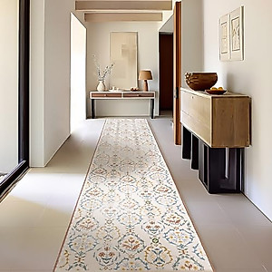 Phantoscope Hallway Runner Rug 2'x10', Washable Non-Slip Boho Rug Runner with Rubber Backing, Ultra-Thin Classic Floral Painting Stair Runner for Kitchen Entryway Bathroom Stairway, Beige Pink/Floral