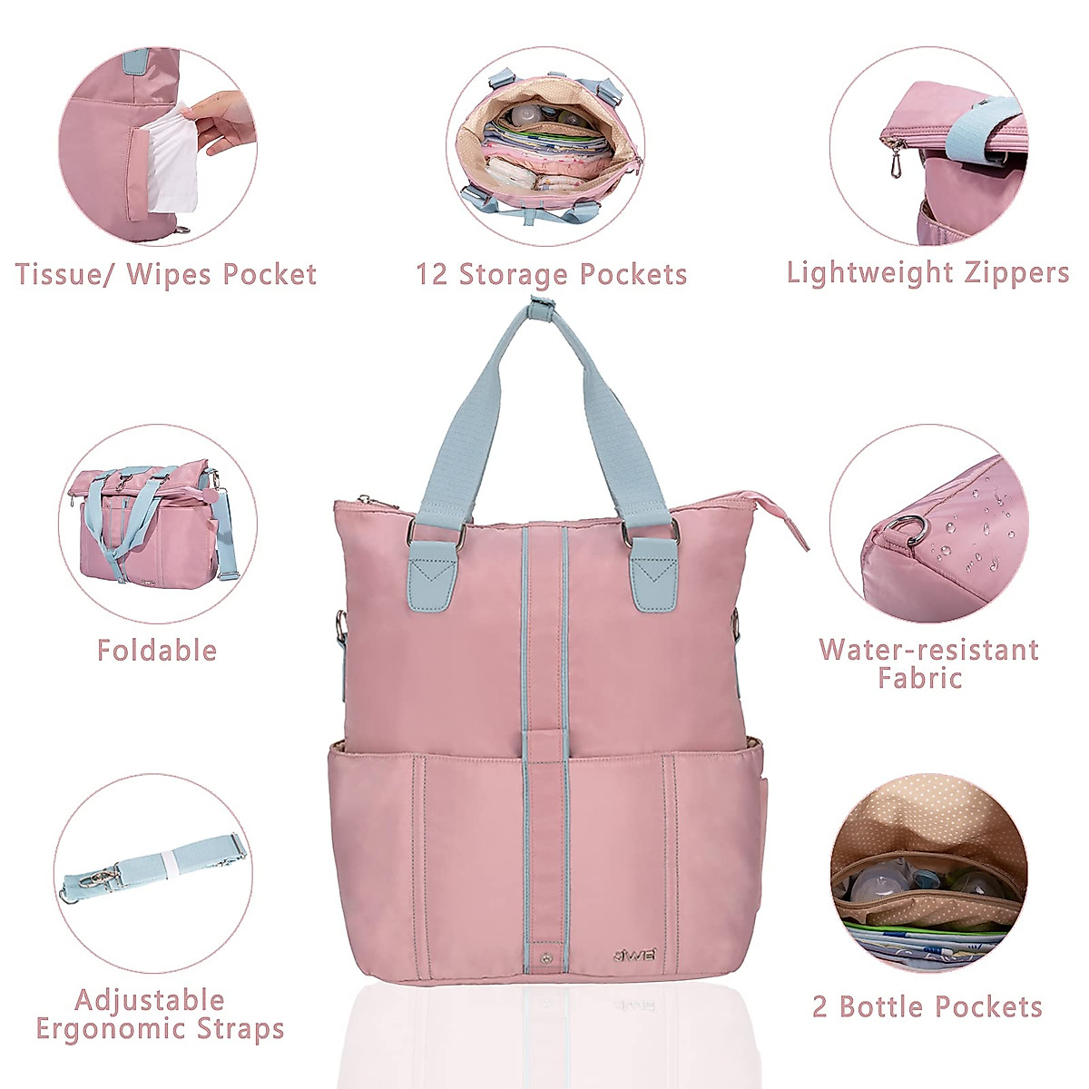 Diaper Bag Backpack for Mom Dad, ZWFLAU Multifunction Tote Travel Diaper Backpack, 4 in 1 Waterproof Convertible Lightweight Diaper Bags for Baby Boys Girls(Pink)