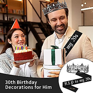 SMAODSGN 2 Pieces 30th Birthday Sash and Crown for Men Rip 20s Birthday Decorations Happy 30th Birthday Decorations for Men Birthday King Crown for Men Adult Silver