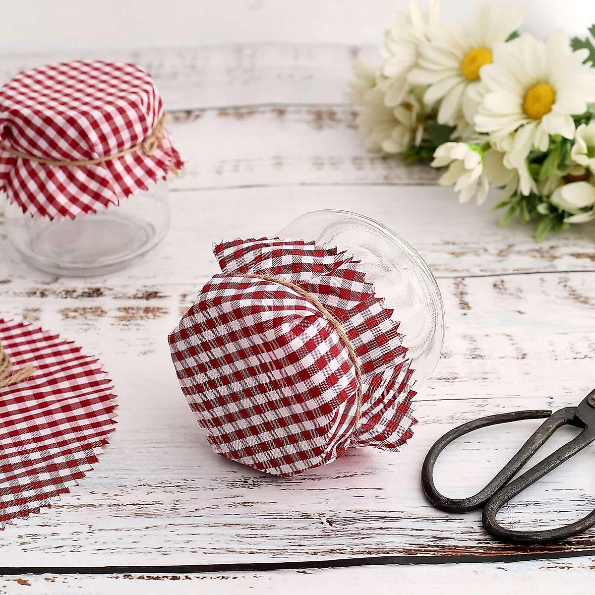 Efavormart 6 Pack | 6" Red/White Checkered Jam Jar Covers, Gingham Polyester Fabric Mason Jar Covers with Jute String - Scalloped Edge