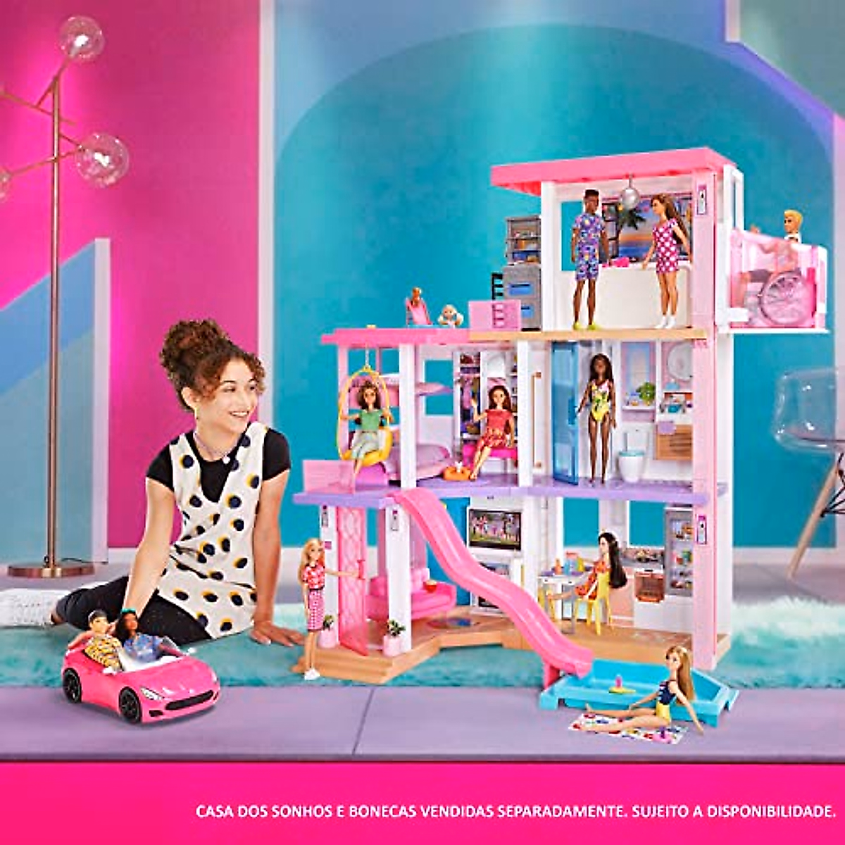 Barbie Toy Car, Bright Pink 2-Seater Convertible with Seatbelts and Rolling Wheels, Realistic Details