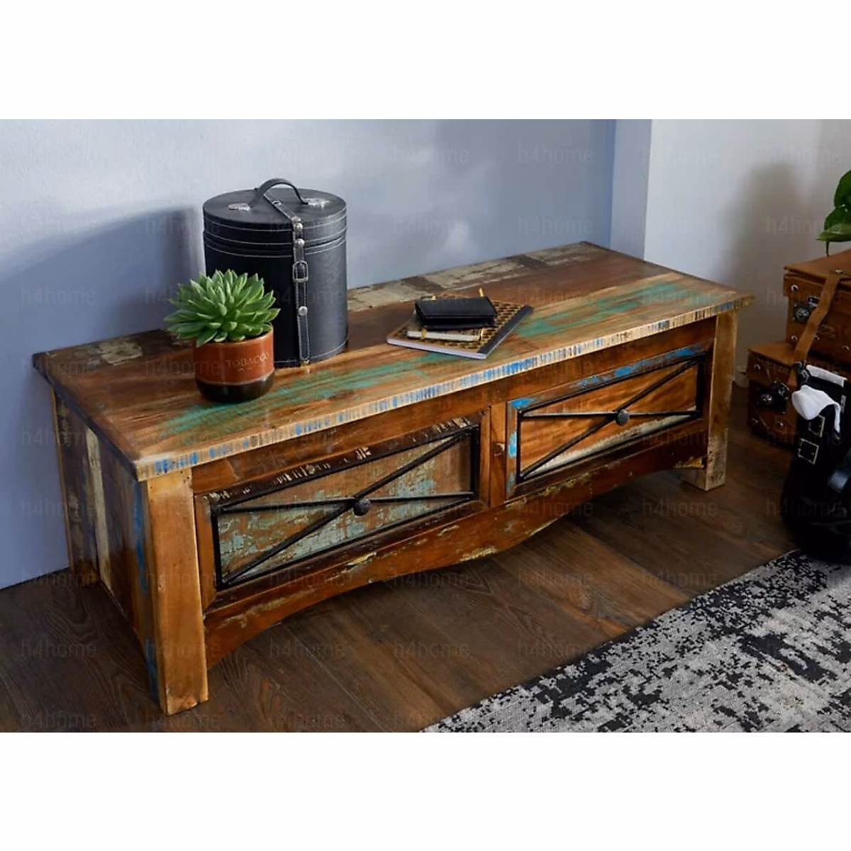 Vintage Industrial TV Stand with 2 Drawers Woodn Entertainment Centers Reclaimed Furniture Rustic Solid Wood Cabinet Retro Style TV Unit