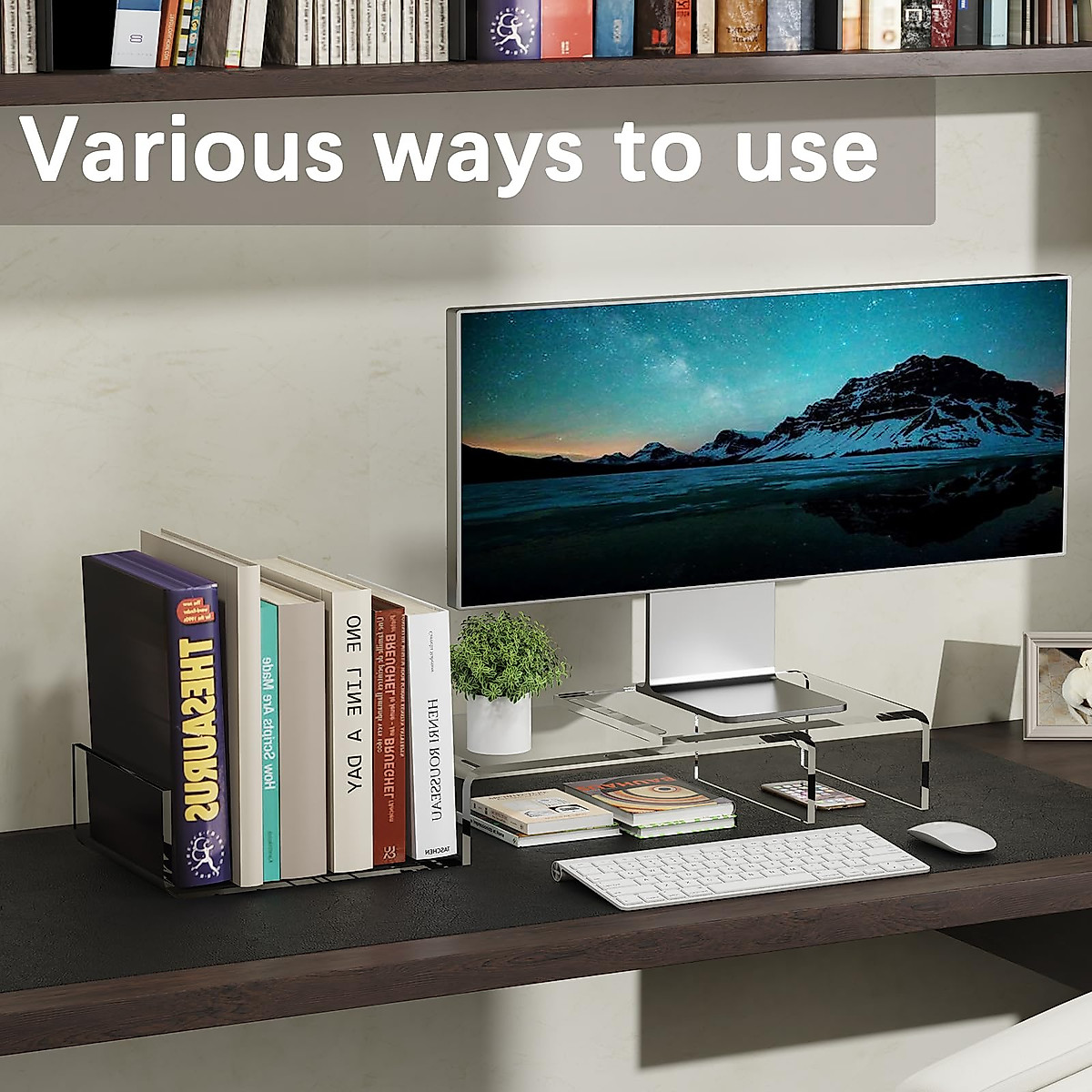 Acrylic Monitor Stand Riser,Dual Monitor Stand with Adjustable Length and Angle,3 Shelf Monitor Stand Riser with Anti-Slip Mat for Laptop, Computer, PC, Printer,TV Screen