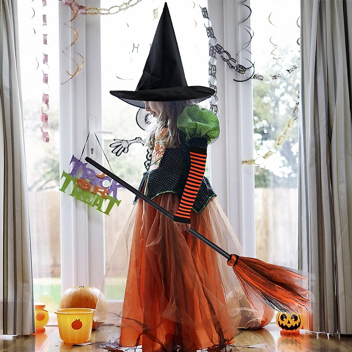 JNYLLN 4Pcs Halloween Witch Broom, Halloween Cosplay Dress Up Costume Halloween Witch Hat Halloween Witch Broomstic Props Cute Witch Broom (Orange)