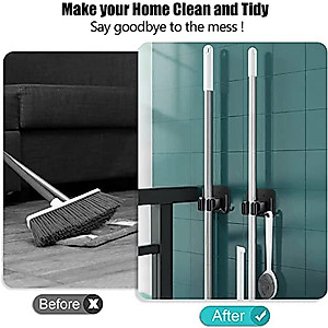 Mop Broom Holder, Fydesion 4 Pcs SUS304 Stainless Steel Mop Holder Broom Holder Wall Mounted Tool Rack for Bathroom Kitchen Office Closet Garden Garage, Self-adhesive and Screw Installation Ways, Black