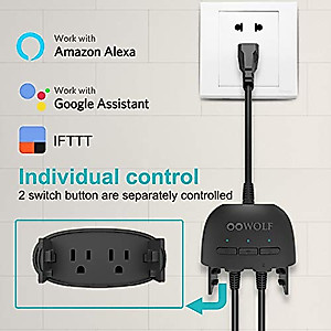 OOWOLF Outdoor Smart Plug with 2 Sockets, IP64 Waterproof WiFi Outlet Compatible with Alexa and Google Home, Wireless Remote Control/Timer by Smart Phone, Individual Control, 2.4 GHz Network, Black