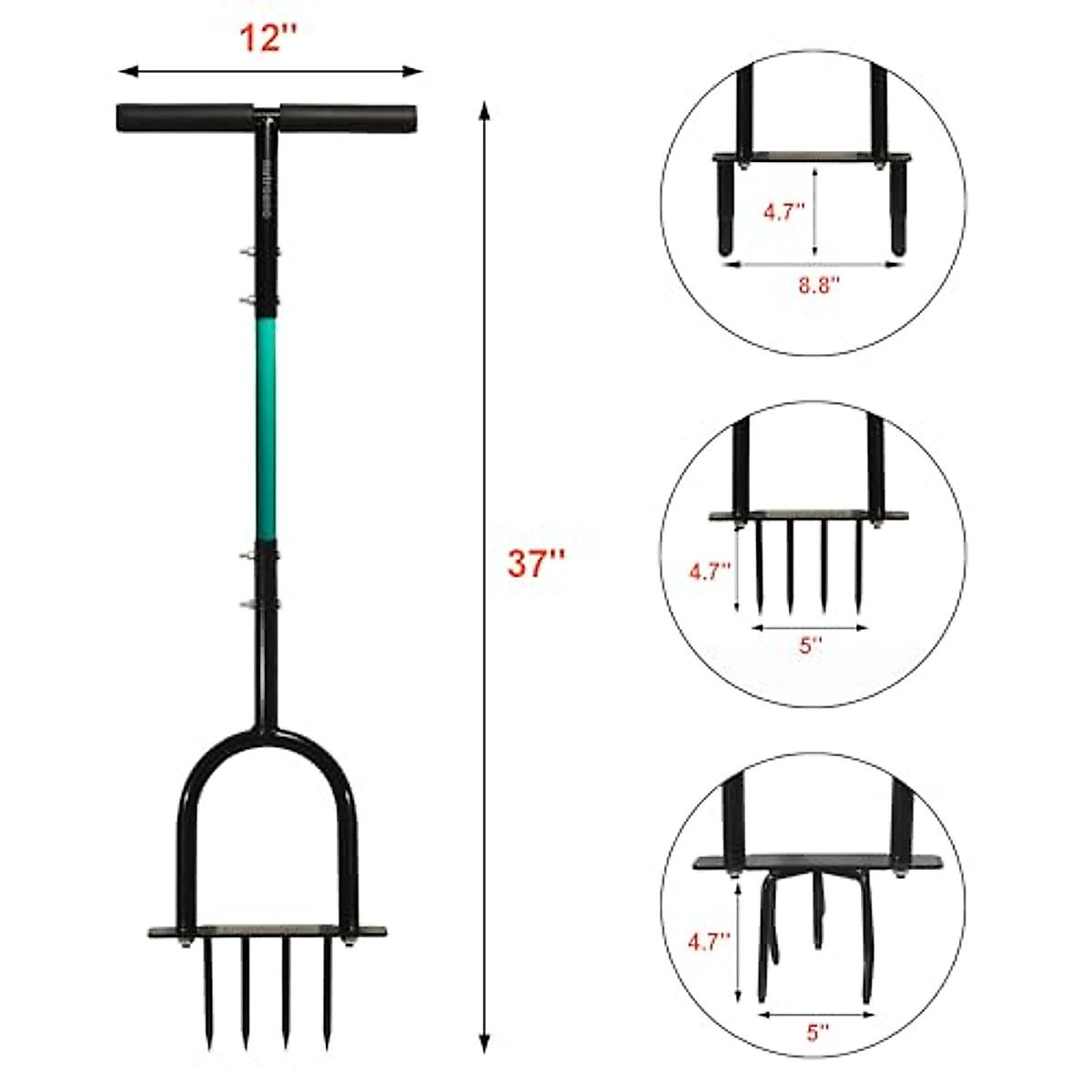 nutroeno 3 in 1 Lawn Aerator – 37 Inches Manual Plug Coring for Compacted Soils, Spike Aeration with 4.7 Iron Tines Small Yards, Twist Tiller Claw Cultivator Flower Box and Raised Bed., Green & Black