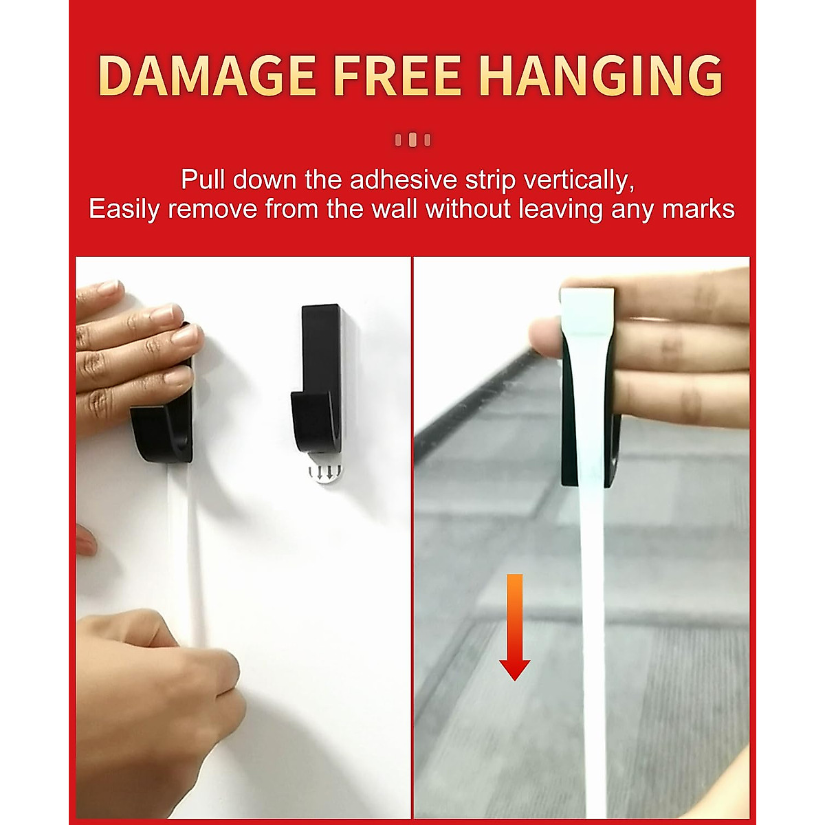 PHIXBEAR Damage Free Hanging Wall Hooks with Adhesive Strips, Adhesive Hooks for Hanging Heavy Duty, Removable Black Sticky Hooks, 6 Metal Hooks and 12 Strips