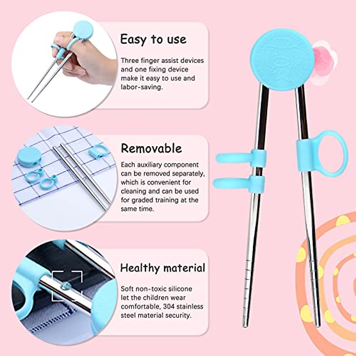 Quimoy Chopsticks for Kids,Learning Chopstick Helper,Stainless Steel Reusable Kids Chopsticks for Learning and Training,2 Pairs of Chopsticks